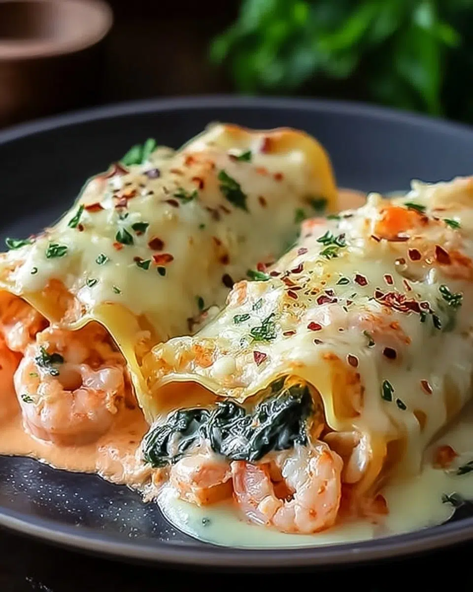 Shrimp and Spinach Stuffed Pasta Rolls with Roasted Red Pepper Cream ...